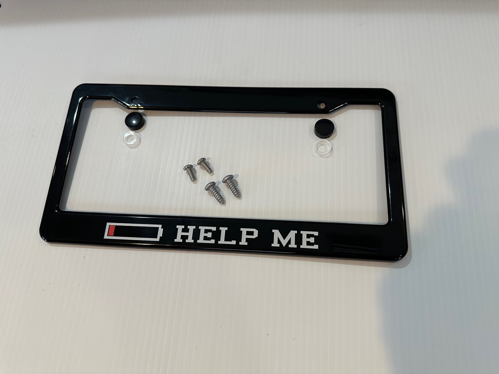 Electric Car "EV" License Plate Frame, Low Battery " HELP ME", Black