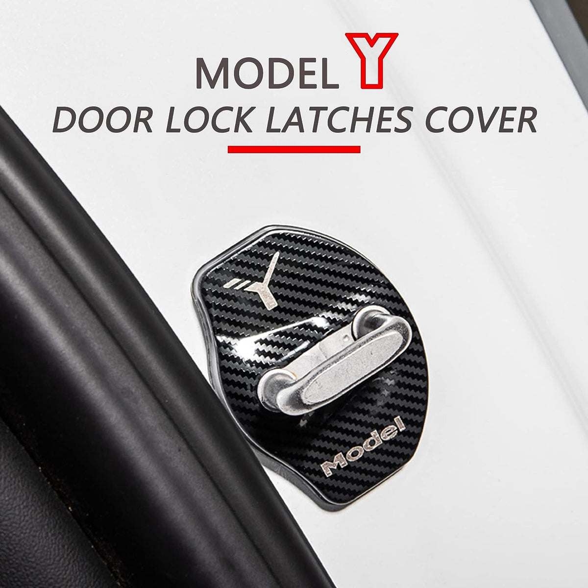 Tesla Model Y Door Latch Covers, Carbon Fiber Black Stainless Steel, 4